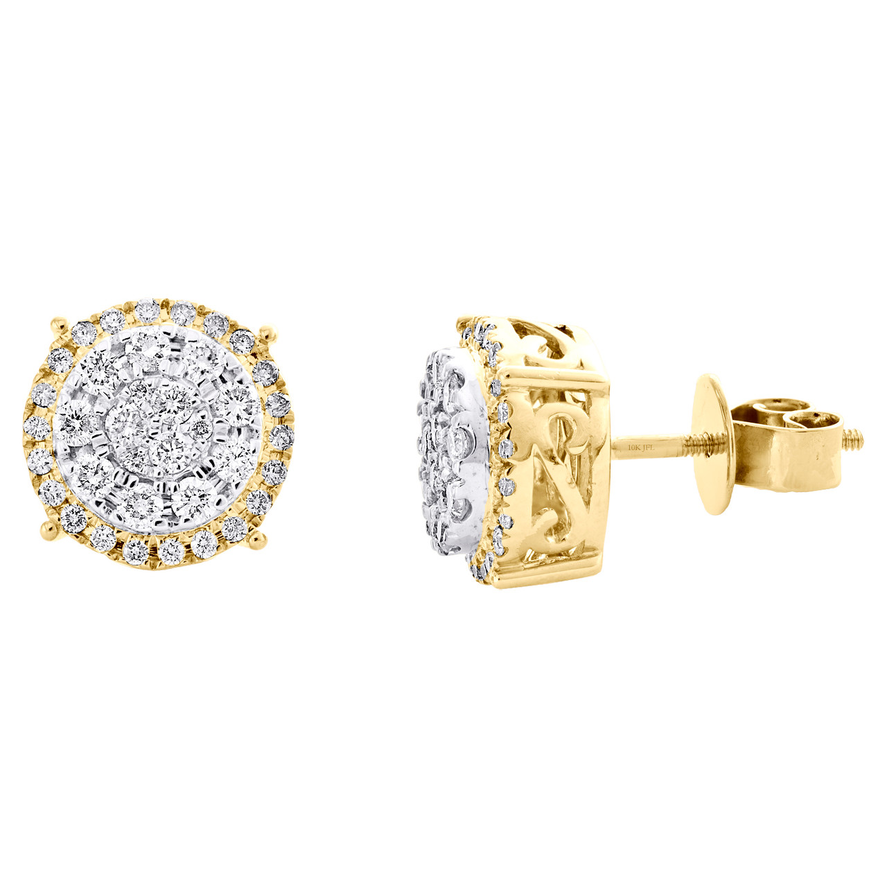 10K Yellow Gold Round Diamond 4 Prong Tiered Stud 10mm Cluster Earrings ...