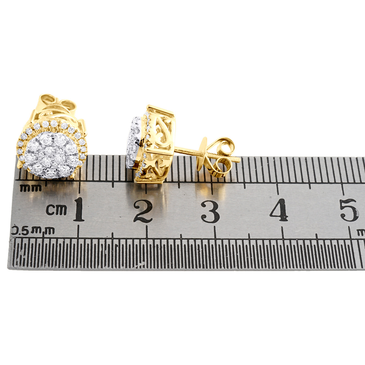 10K Yellow Gold Round Diamond 4 Prong Tiered Stud 10mm Cluster Earrings ...