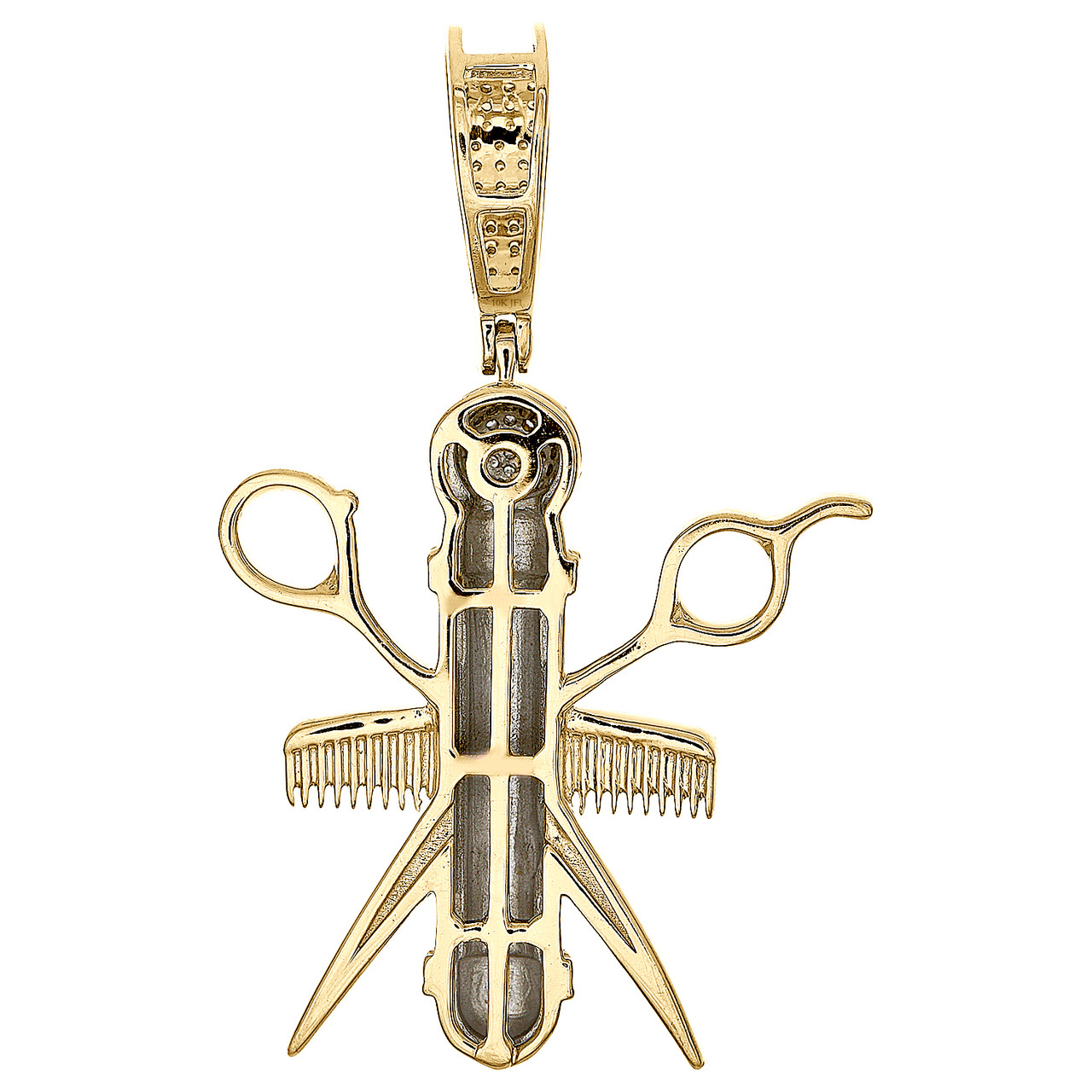 10K Yellow Gold Diamond Barber Shop Pole Scissor Comb Pendant 1.75 ...
