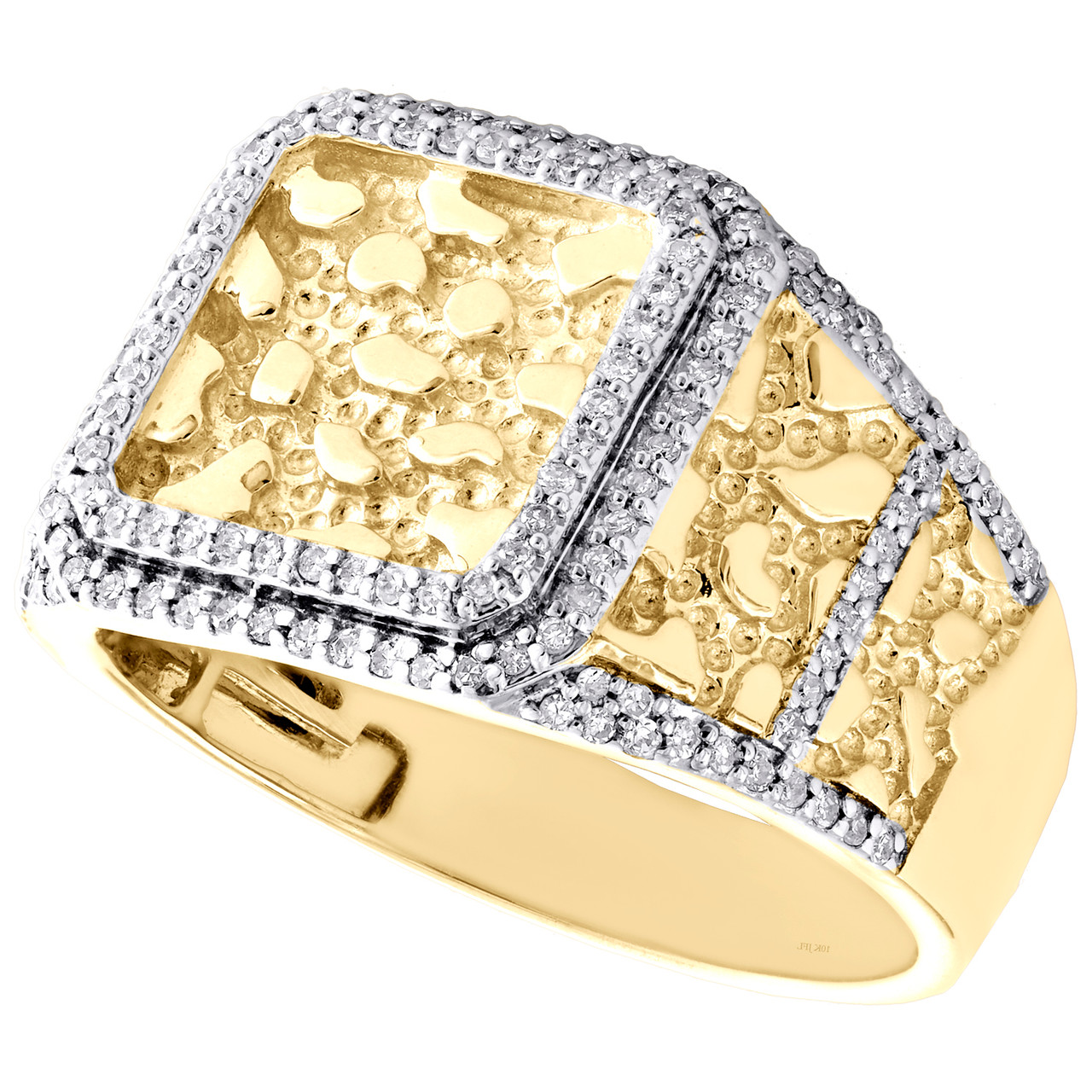 10K Yellow Gold Genuine Round Diamond Nugget Ore Pinky Ring Square Band ...