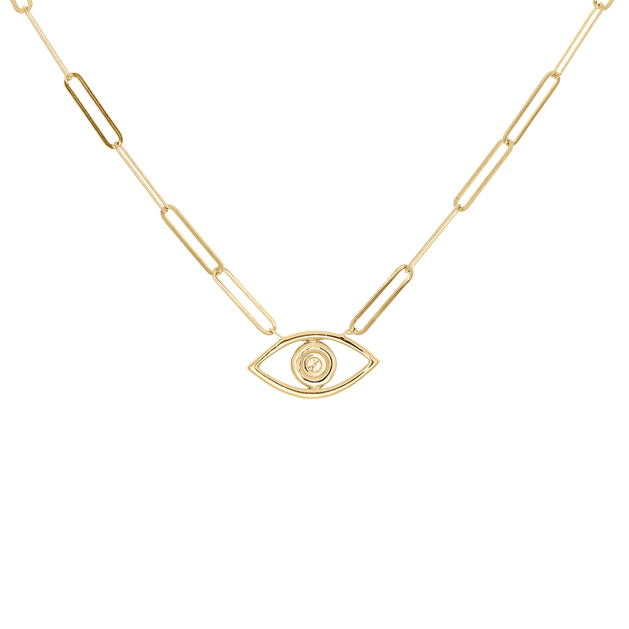 10K Yellow Gold Diamond Evil Eye Charm Paper Clip 18" Cable Necklace 1/ ...