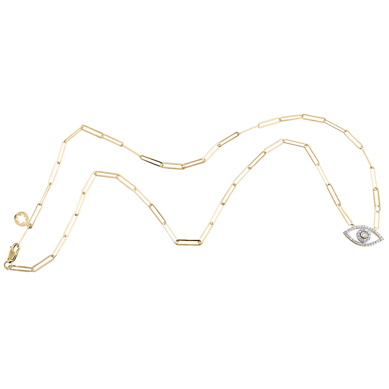10K Yellow Gold Diamond Evil Eye Charm Paper Clip 18" Cable Necklace 1/ ...