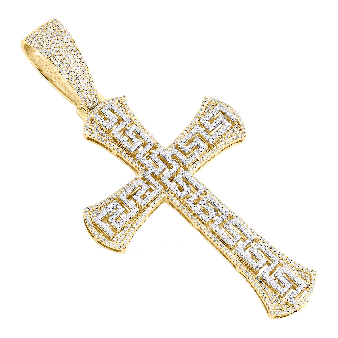 10K Yellow Gold Real Diamond Greek Key Rounded Cross Pendant Men's ...