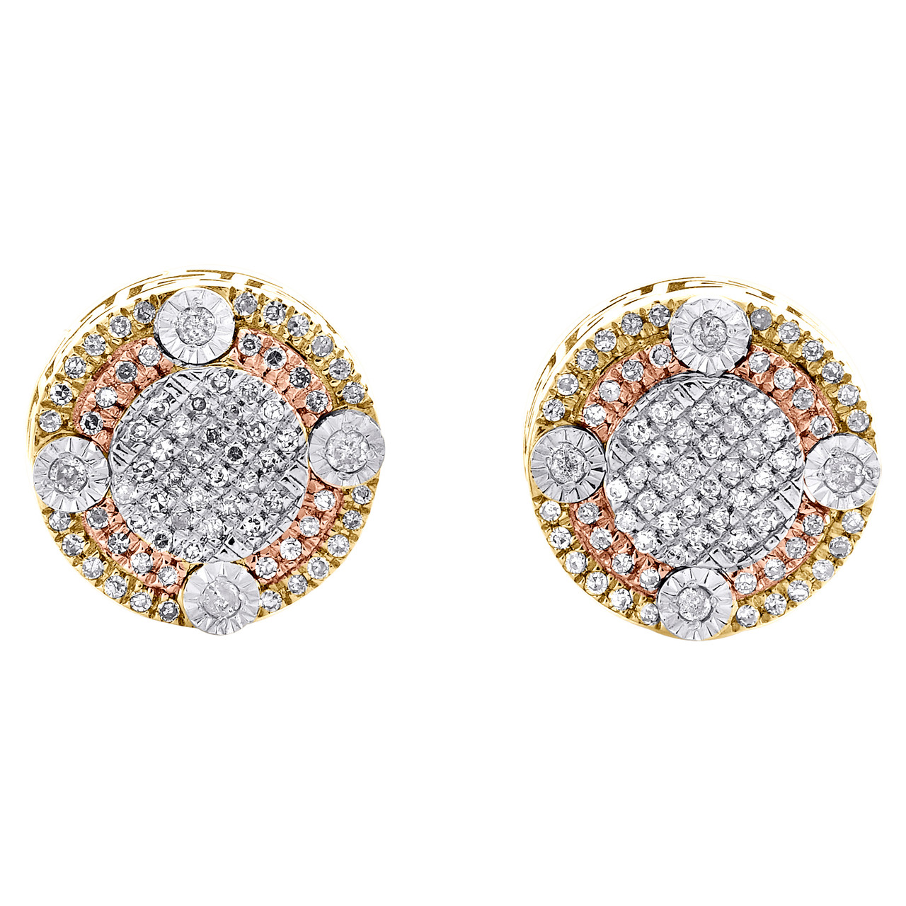 10K Tri-Tone Gold Genuine Diamond 10mm Tiered Halo Round Stud Earrings ...