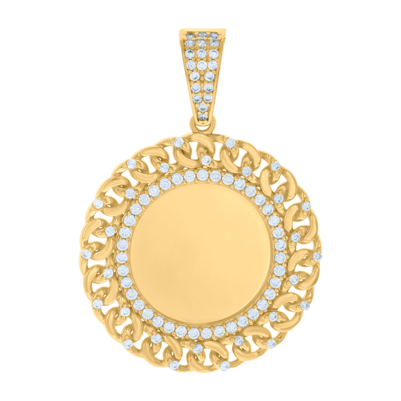 10K Yellow Gold CZ 1.50" Cuban Chain Border Circle Picture Memory Frame ...