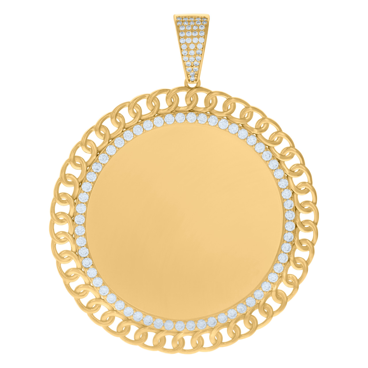 10K Yellow Gold CZ Men's 2.65" Cuban Border Circle Picture Memory Frame ...