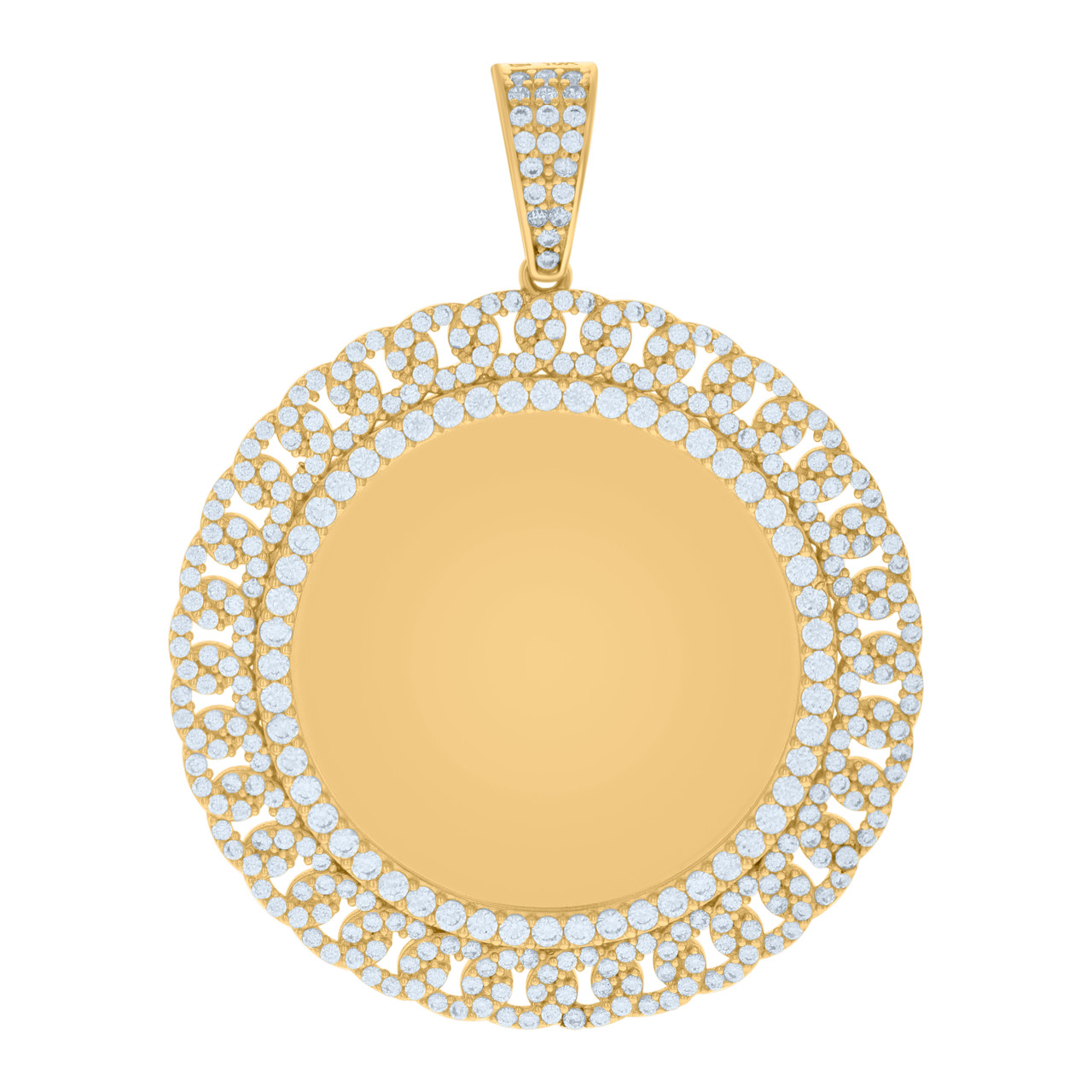 10K Yellow Gold CZ Men's 1.85" Cuban Border Circle Picture Memory Frame ...