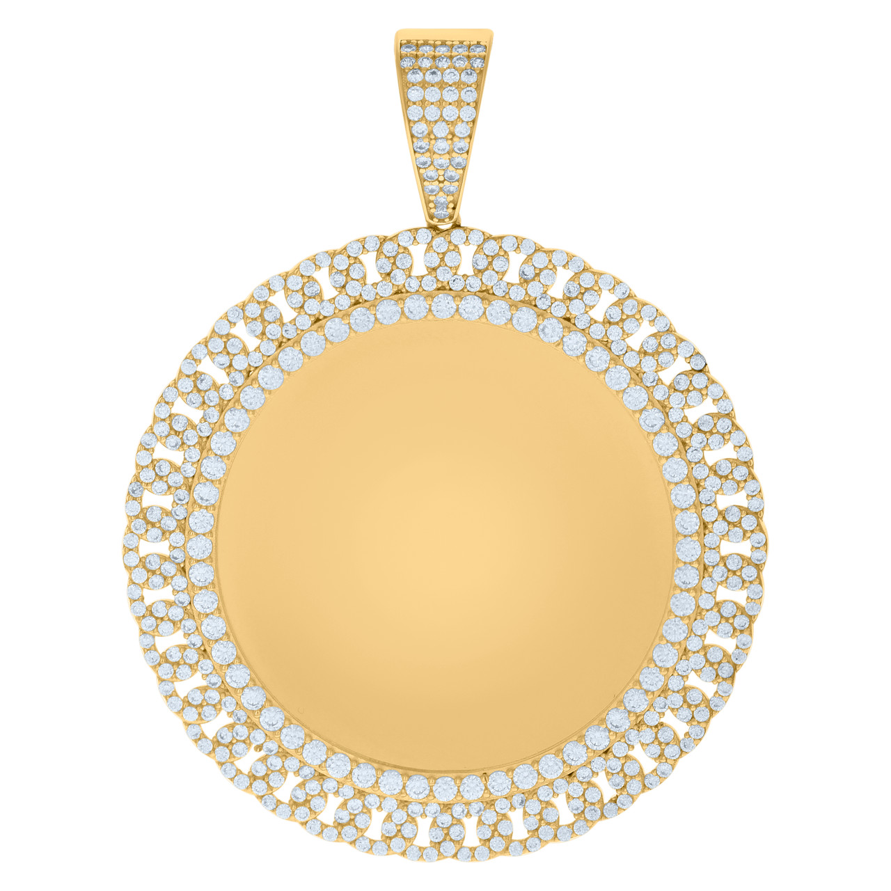 10K Yellow Gold CZ Men's 2.25" Cuban Border Circle Picture Memory Frame ...