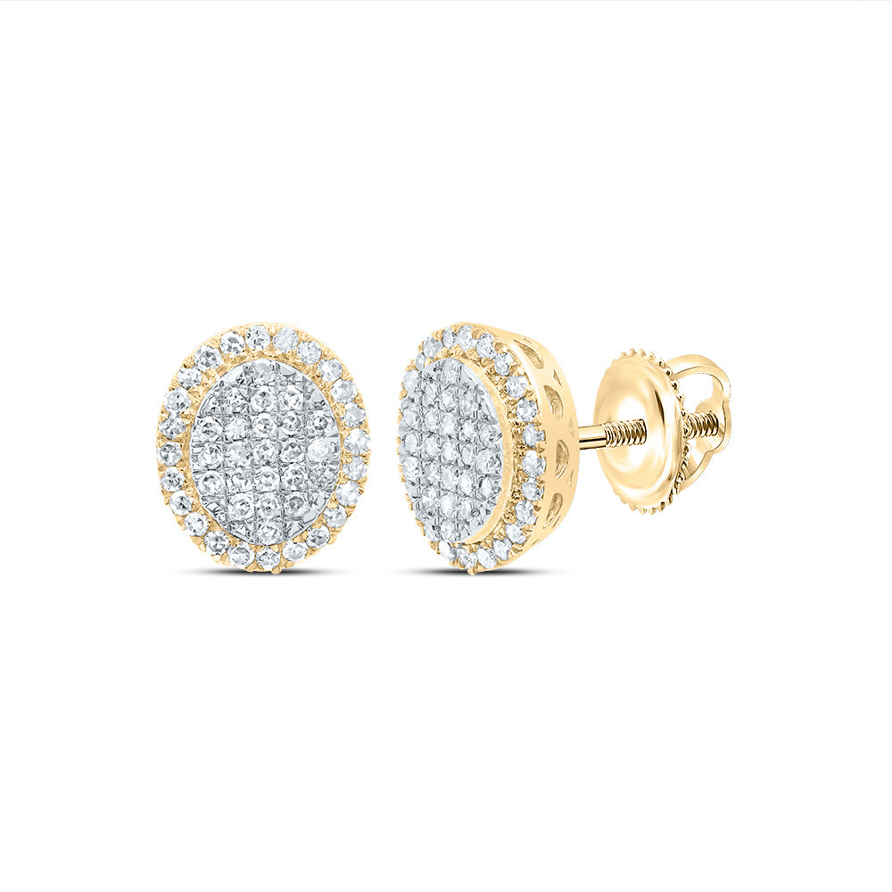10K Yellow Gold Real Diamond Unisex 10mm Tiered Oval Halo Stud Earrings ...