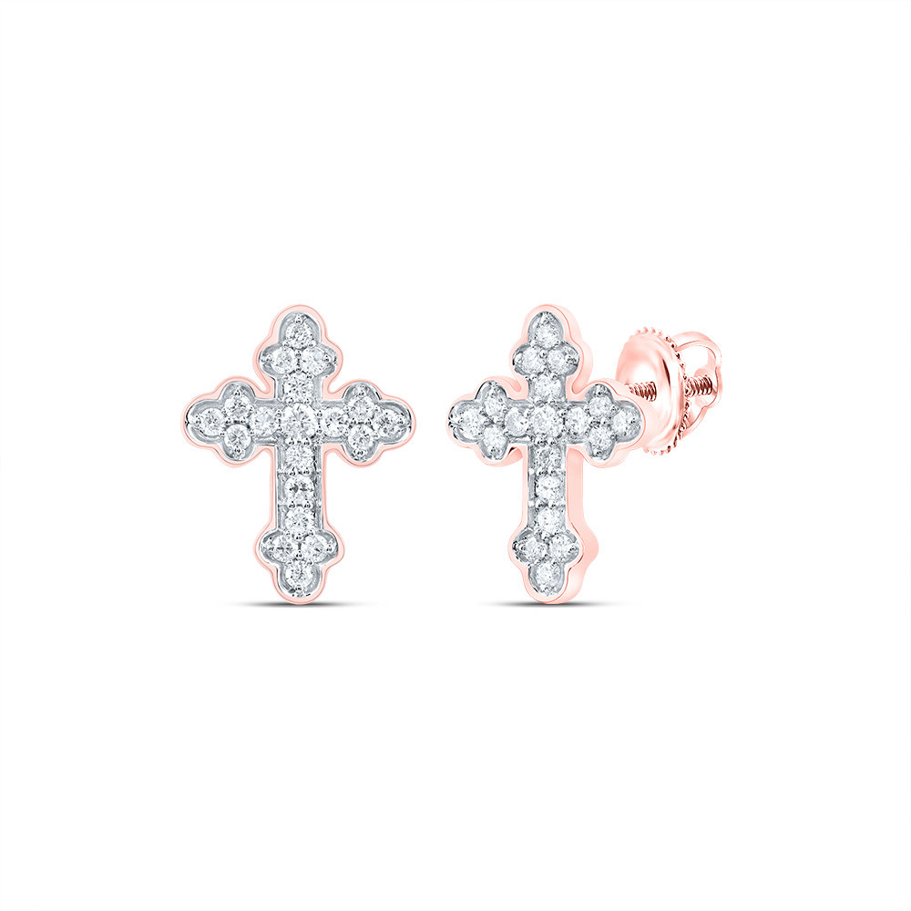 10K Rose Gold Genuine Diamond Women's 12mm Budded Cross Stud Earrings 1 ...