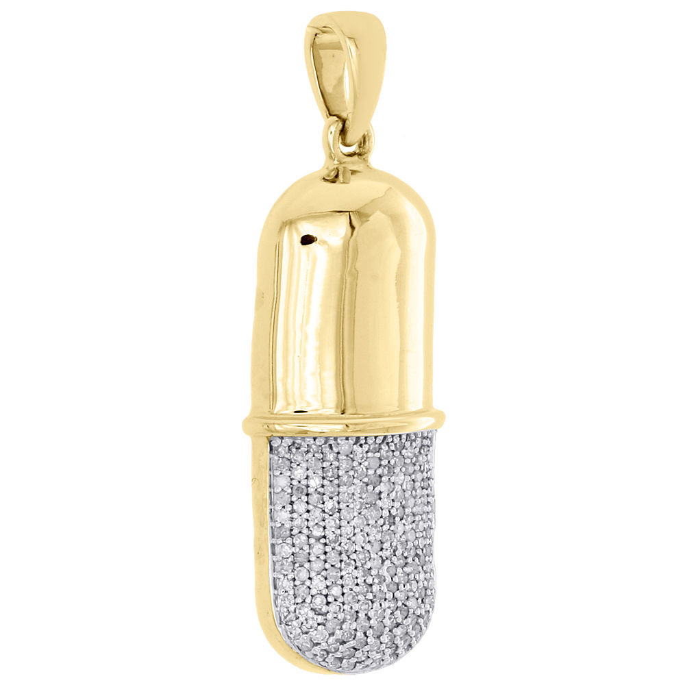10K Yellow Gold Real Diamond Pill Capsule Pendant 1.30" Mens Mini Charm ...