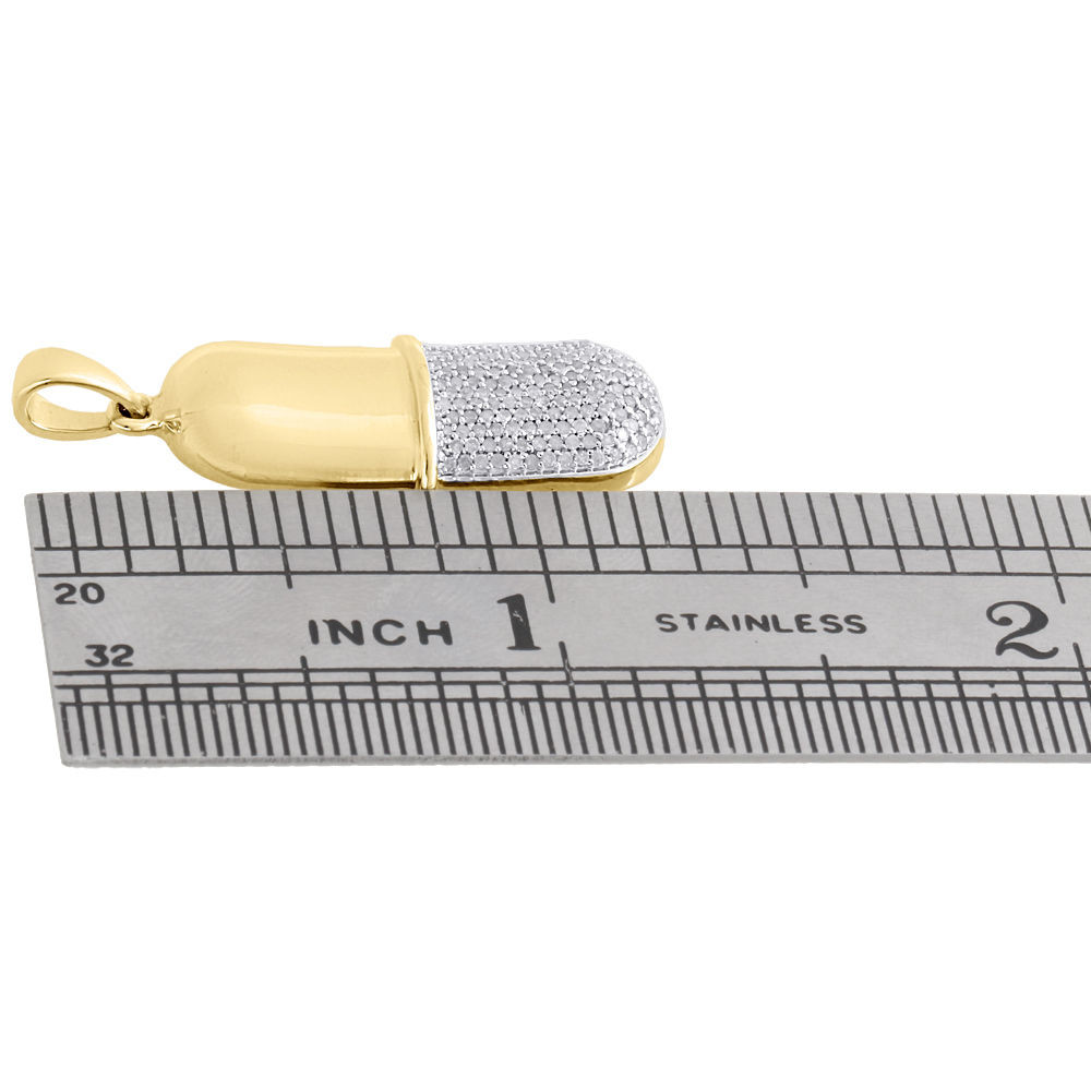 10K Yellow Gold Real Diamond Pill Capsule Pendant 1.30" Mens Mini Charm ...