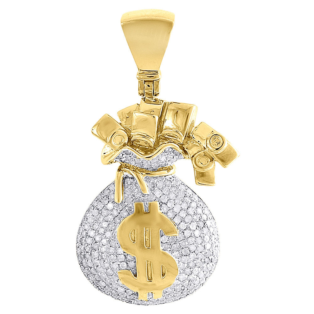 10K Yellow Gold Money Bag Dollar Logo Pendant Genuine Diamond Charm 1. ...