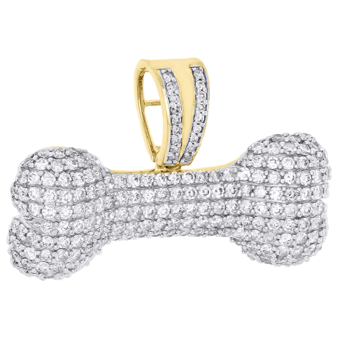 10K Yellow Gold Real Diamond Dog Bone Pendant 1.30" Wide Puffed Charm 2 ...