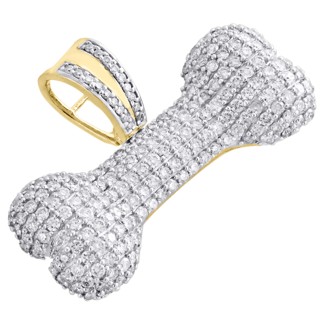 10K Yellow Gold Real Diamond Dog Bone Pendant 1.30" Wide Puffed Charm 2 ...