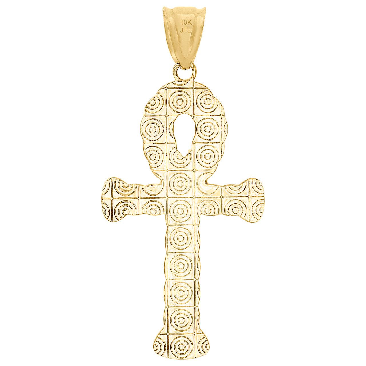 10K Yellow Gold Diamond Cut Miami Cuban Link Border Ankh Cross Pendant ...