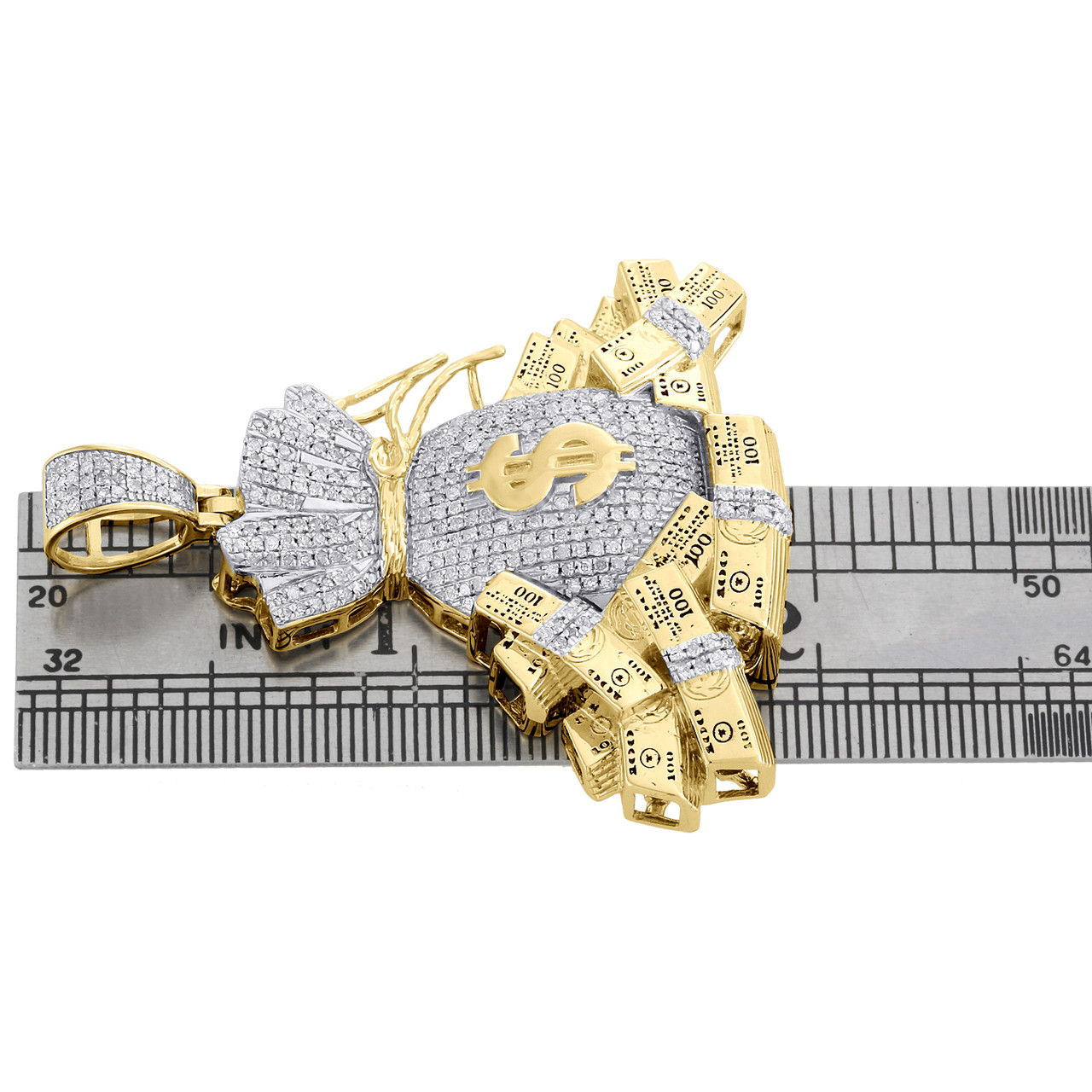 10K Yellow Gold Diamond Money Bag 100 Dollar Stacks Pendant 1.85" Charm ...
