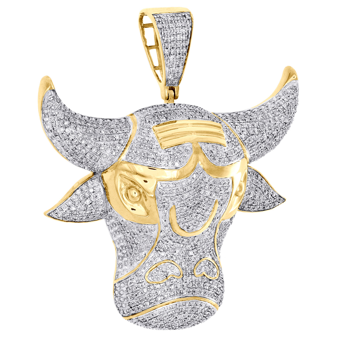 10K Yellow Gold Real Diamond Bull Head Pendant 2" Animal Pave Charm 2 ...