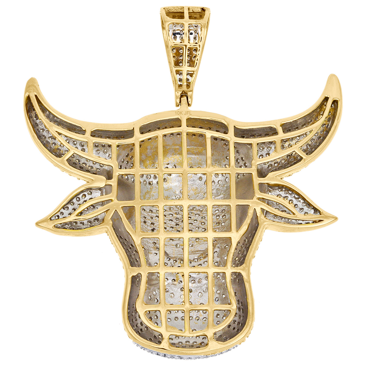 10K Yellow Gold Real Diamond Bull Head Pendant 2" Animal Pave Charm 2 ...