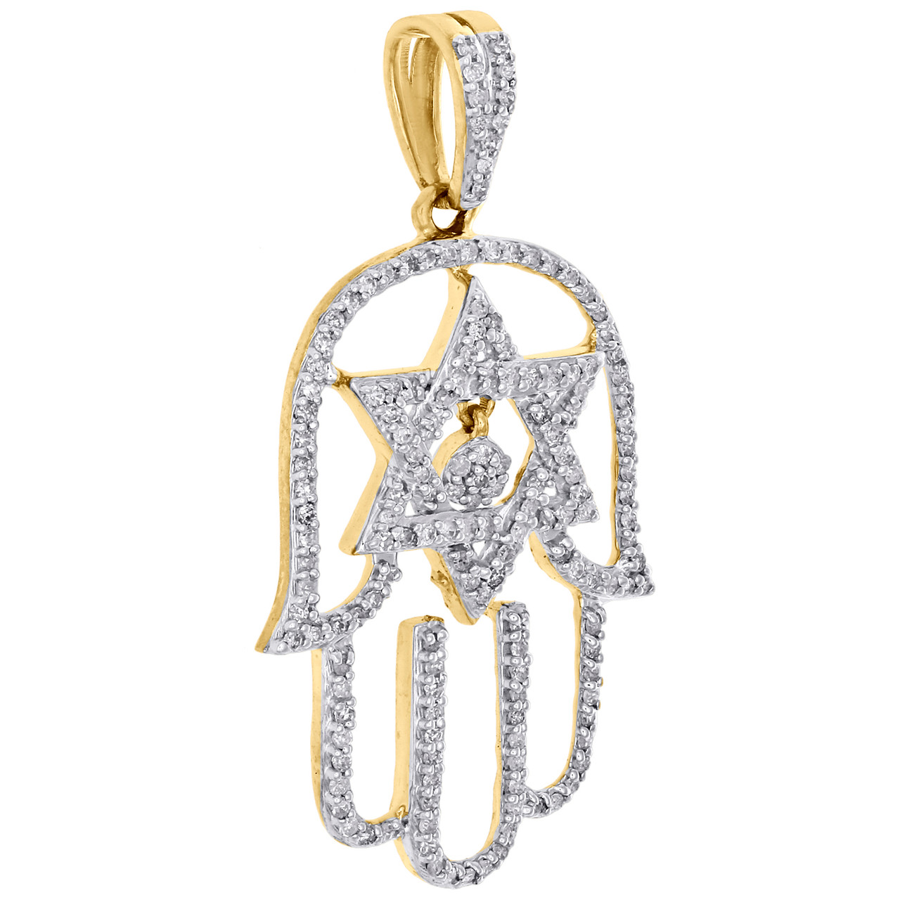 10K Yellow Gold Diamond Hamsa Hand / Star of David Pendant 1.45" Charm ...