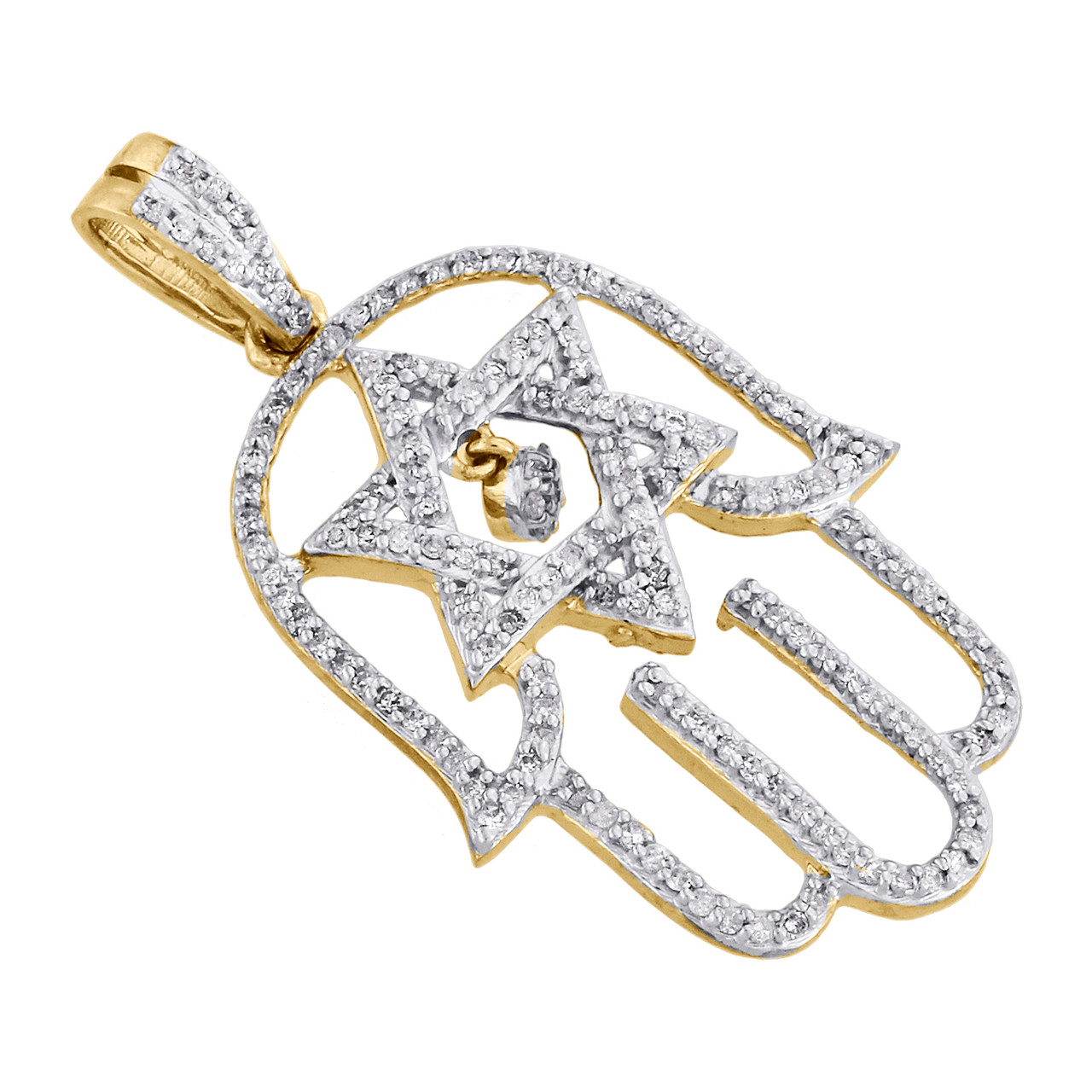 10K Yellow Gold Diamond Hamsa Hand / Star of David Pendant 1.45" Charm ...