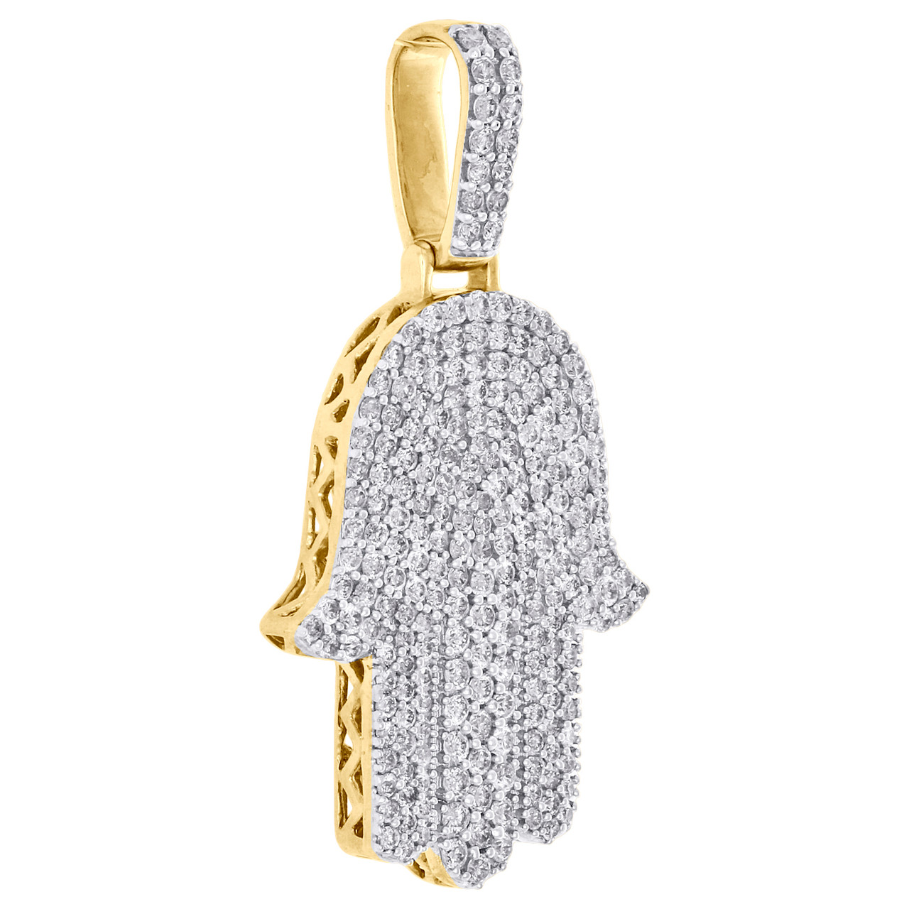 10K Yellow Gold Hamsa Hand of Fatima Diamond Pendant 1.50" Pave Charm 1 ...