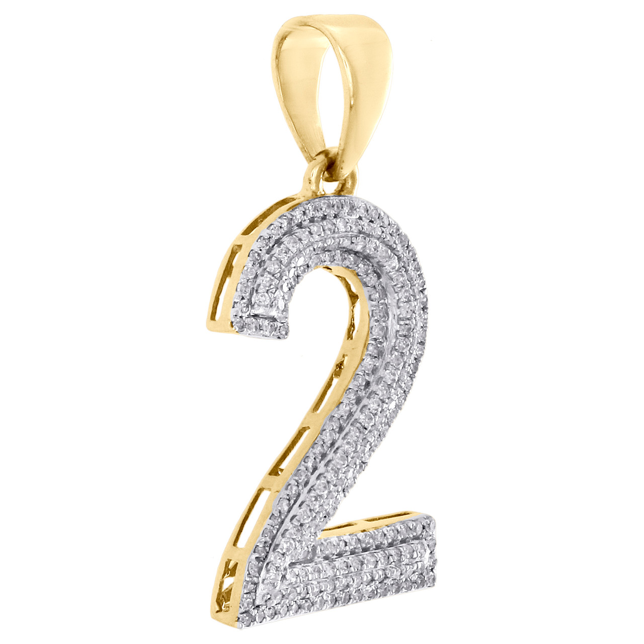 10K Yellow Gold Round Diamond Number 2 Bubble Pendant Pave Dome Charm 0 ...