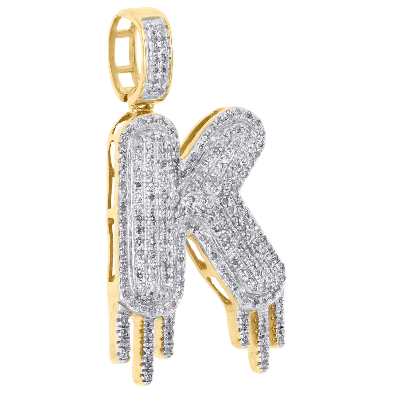 10K Yellow Gold Diamond K Initial Bubble Drip Pendant Pave Dome Charm 0 ...