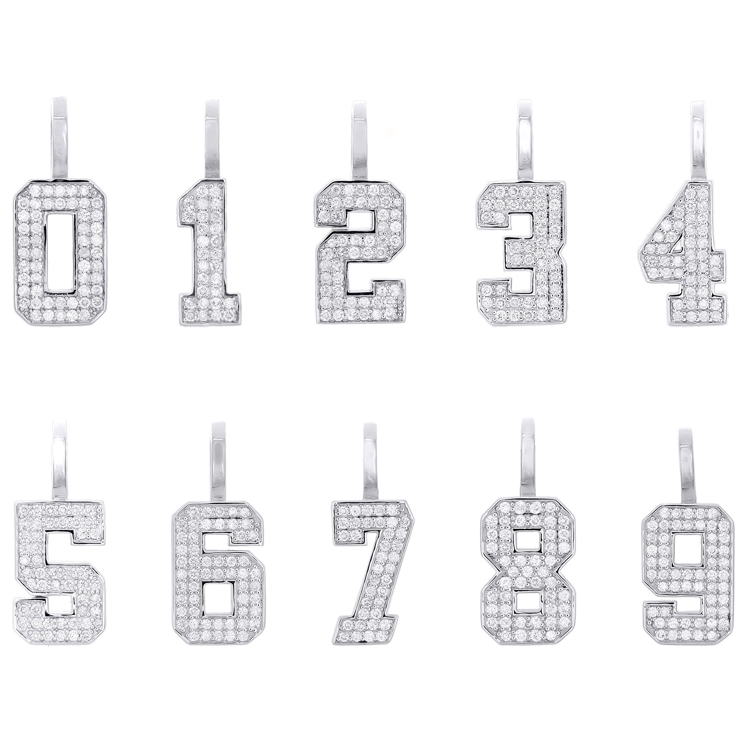 10K White Gold Round Diamond Number Pendant 1" Block Font Charm 3/8 CT ...