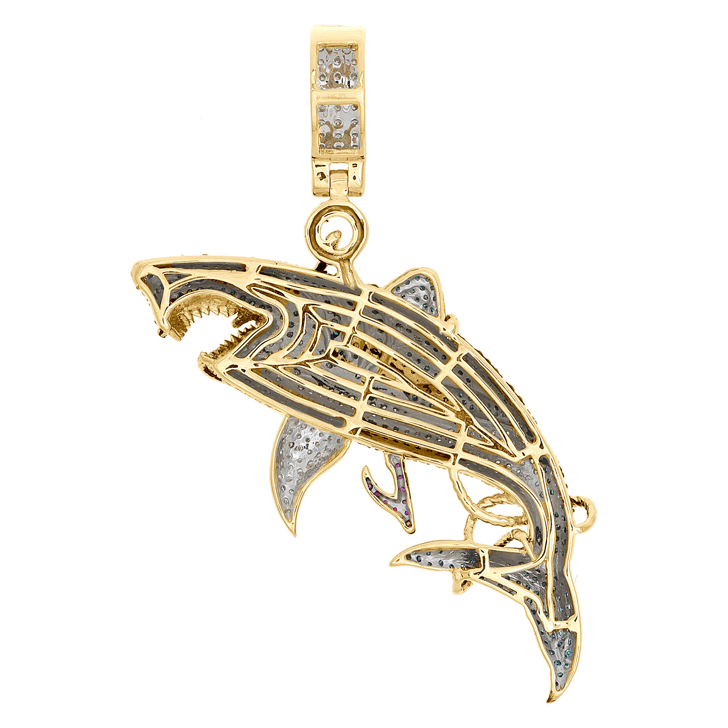 14K Yellow Gold Round Ruby & Diamond Shark Statement Pendant 2.75 ...