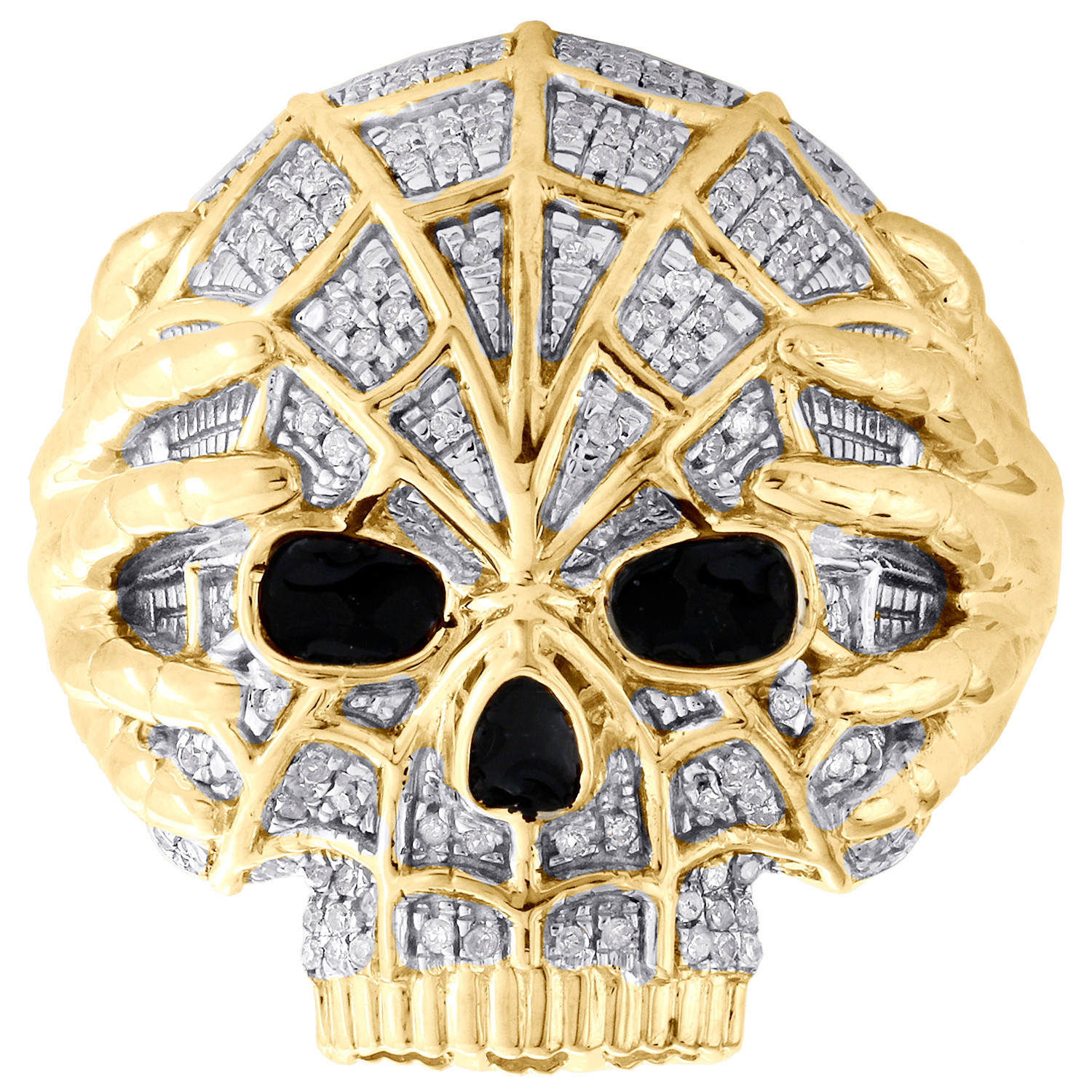 10K Yellow Gold Round Diamond Skull Head Statement Band 25mm Pink Ring ...