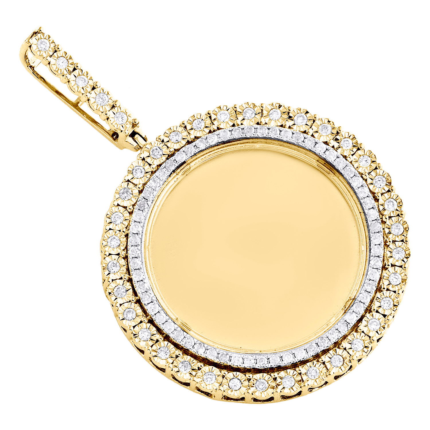 10K Yellow Gold Round Diamond Memory Picture Frame Pendant 2.25" Charm ...