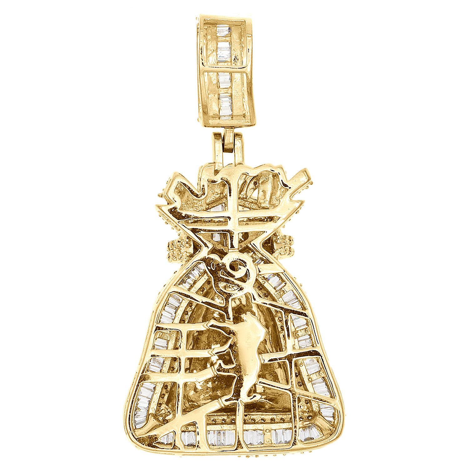 10K Yellow Gold Round & Baguette Diamond Money Bag Pendant 1.75" Charm ...