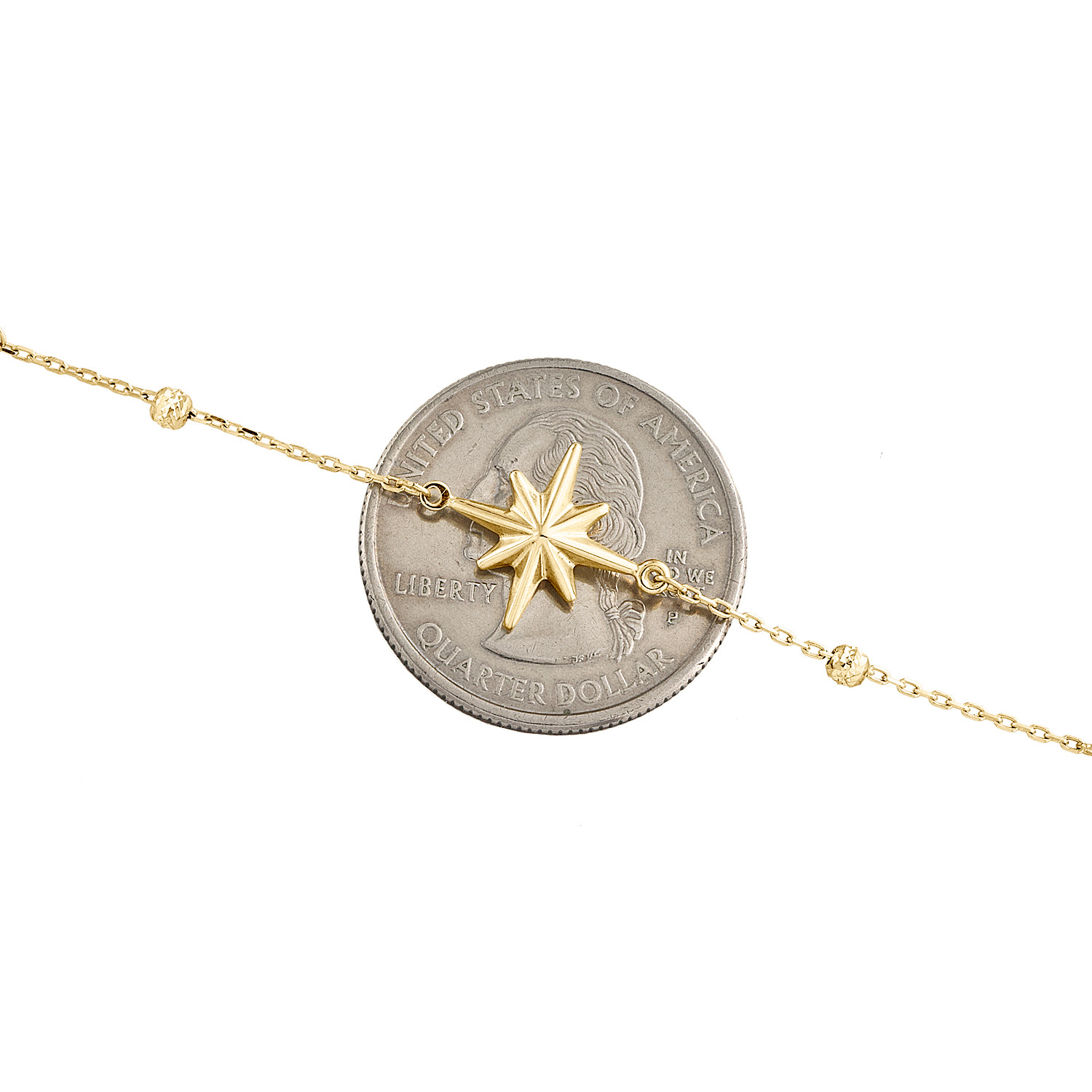 14K Yellow Gold Fancy Rolo Link Chain Statement Star Charm Anklet 6.5 ...