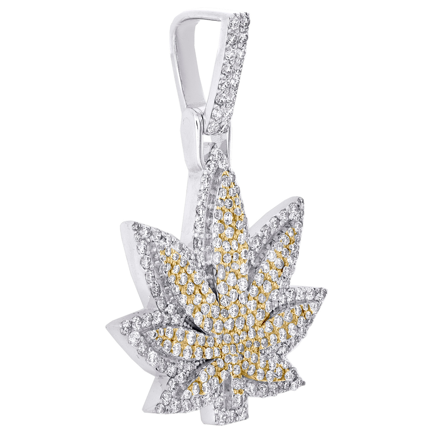 10K White Gold Round Diamond Marijuana Hemp Leaf Pendant 1.50" Charm 1. ...