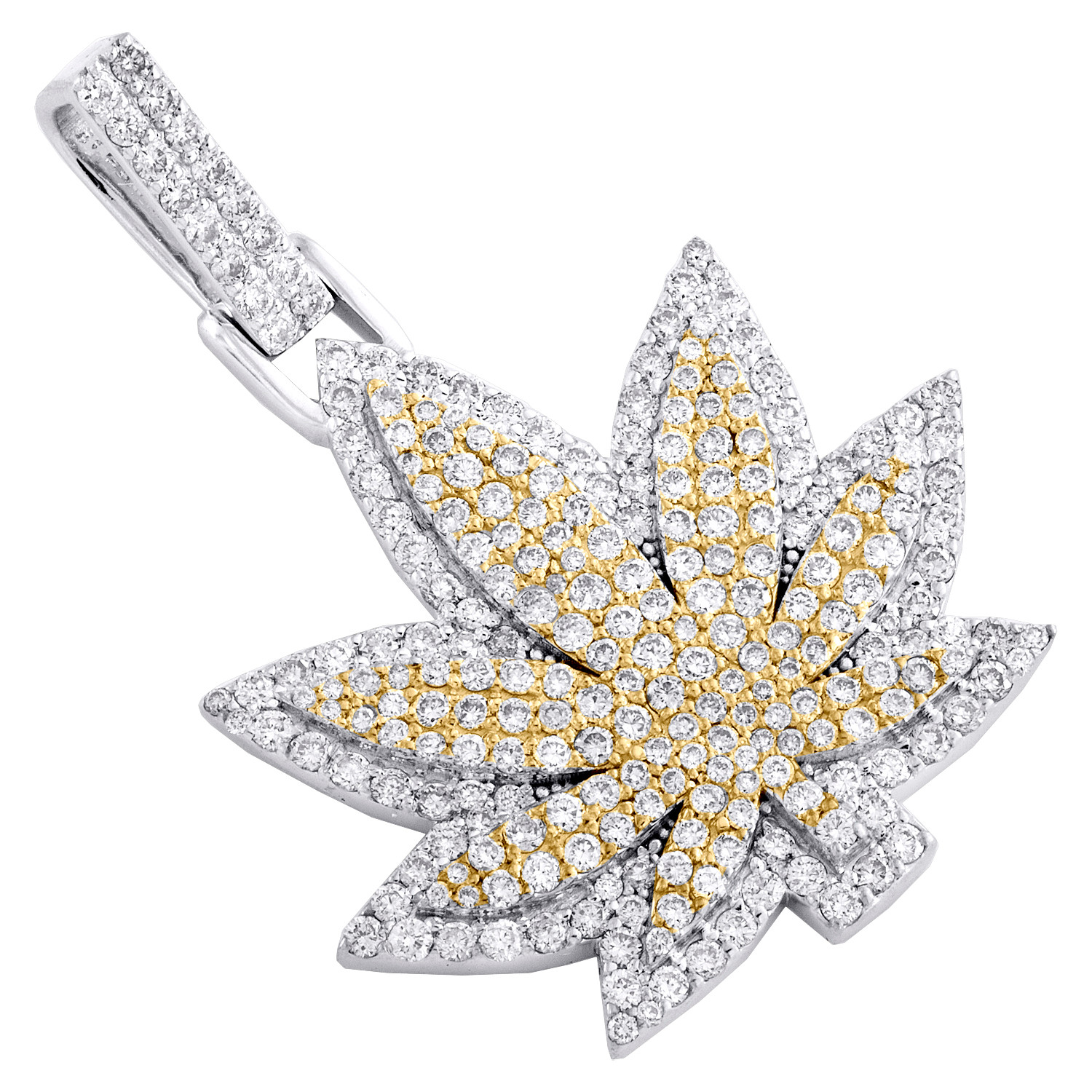 10K White Gold Round Diamond Marijuana Hemp Leaf Pendant 1.50" Charm 1. ...