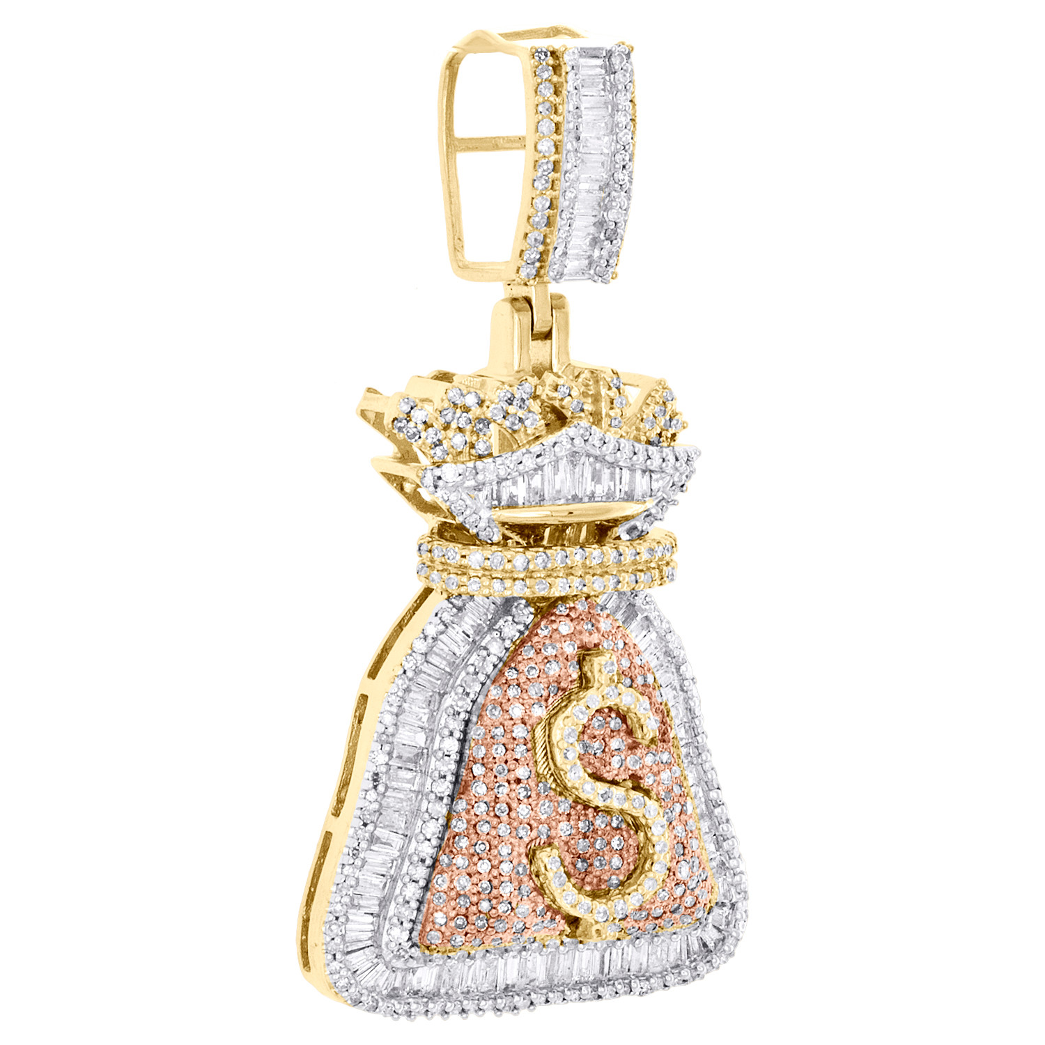 10K Yellow Gold Round & Baguette Diamond Money Bag Pendant 1.75" Charm ...