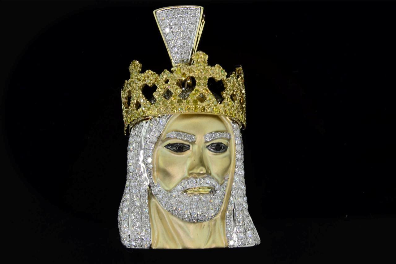 10K Yellow Gold Diamond Jesus Piece Head Crown King Hat Cross Pendant 3 ...
