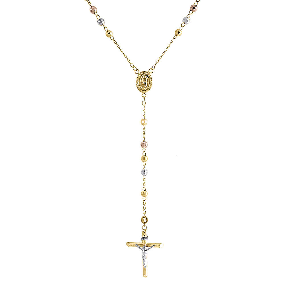 10K Gold Virgin Mary Tri Color Rosary Diamond Cut Bead 4mm Necklace ...