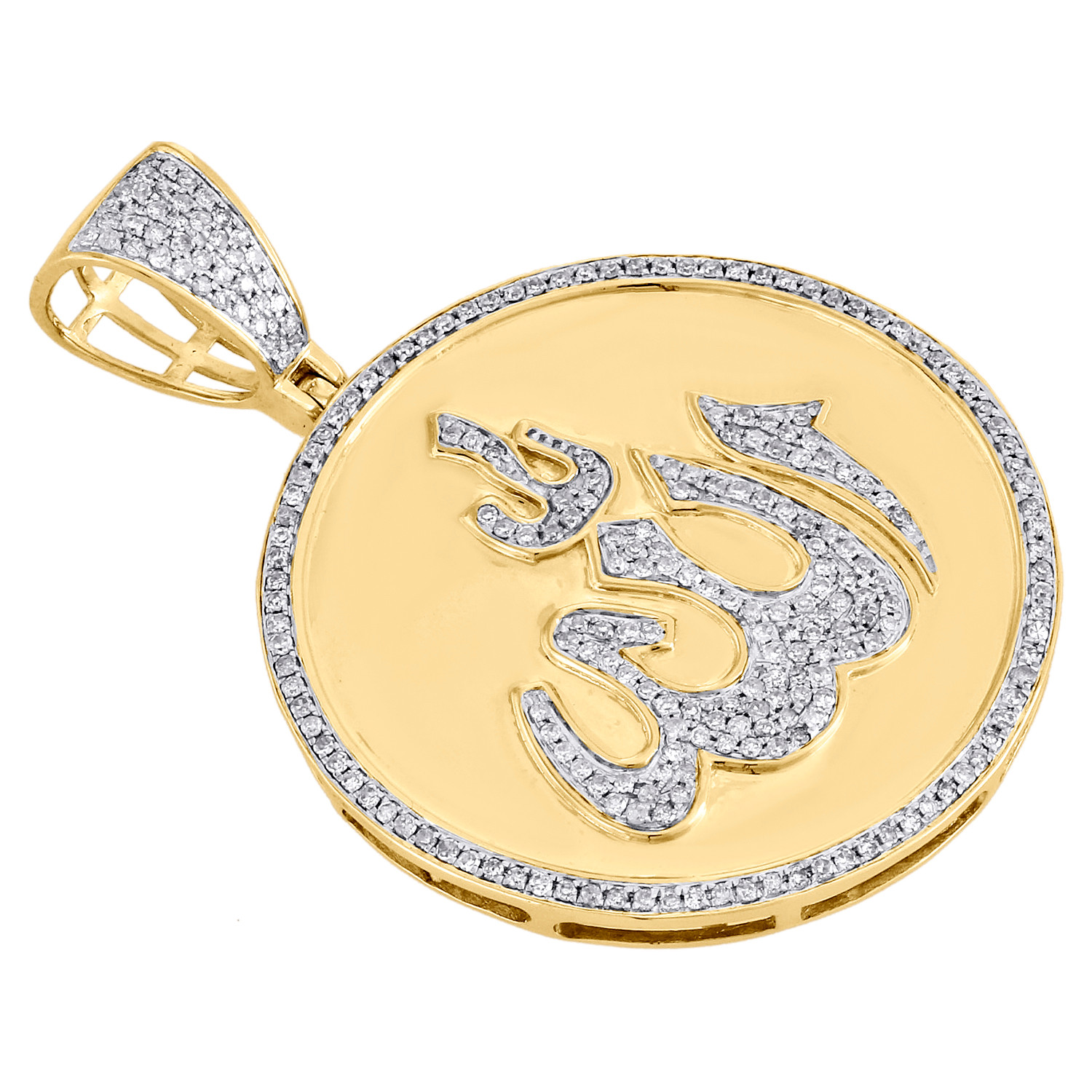 10K Yellow Gold Diamond Allah Medallion Islamic Pendant 1.7" Pave Charm ...