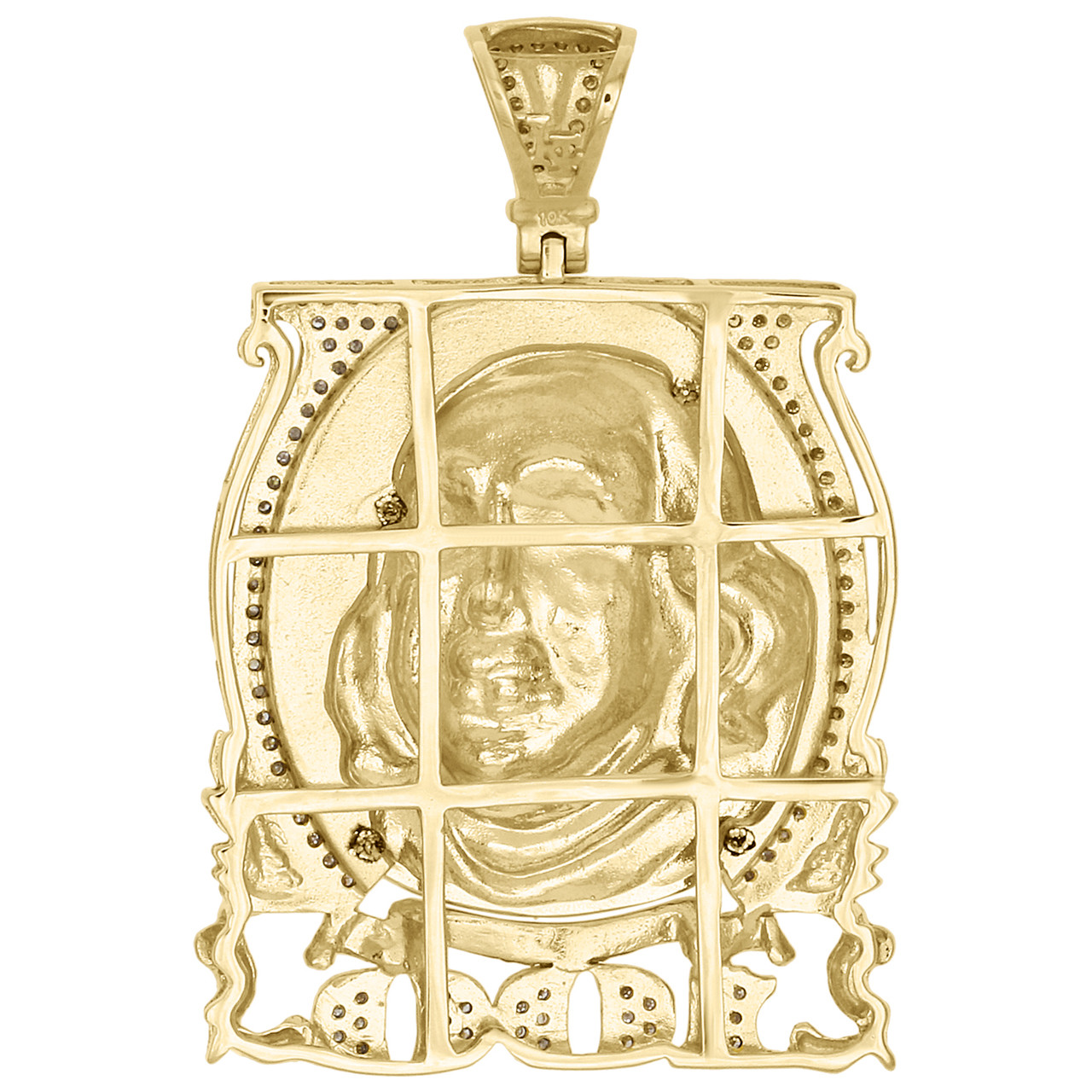 10K Yellow Gold Diamond $100 Dollar Benjamin Franklin Face 2" Pendant 0 ...