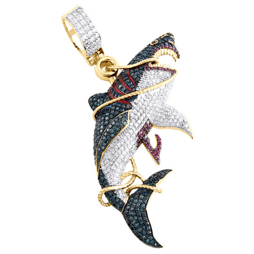 14K Yellow Gold Round Ruby & Diamond Shark Statement Pendant 2.75 ...