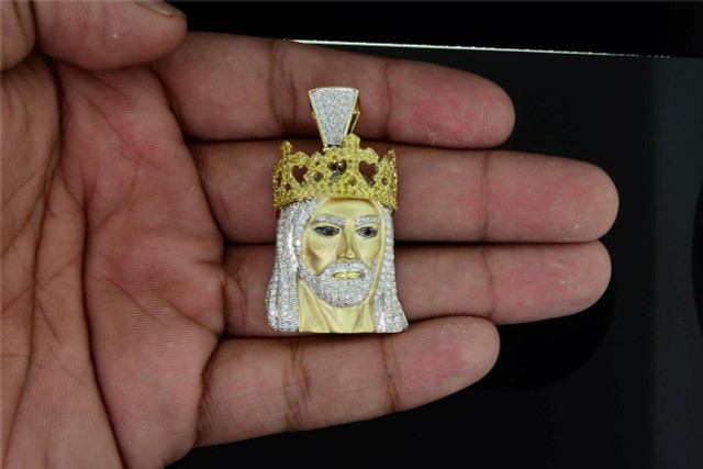 10K Yellow Gold Diamond Jesus Piece Head Crown King Hat Cross Pendant 3 ...