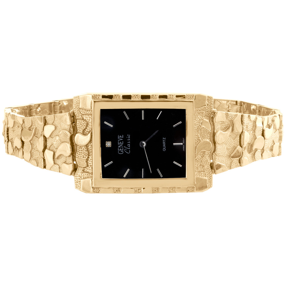 10K Yellow Gold Geneve Classic Nugget Watch 24mm x 24mm Black or ...