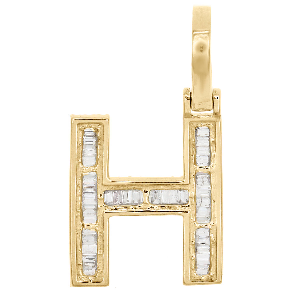 10K Yellow Gold Baguette Diamond Letter H Mini Pendant 1" Initial Charm ...