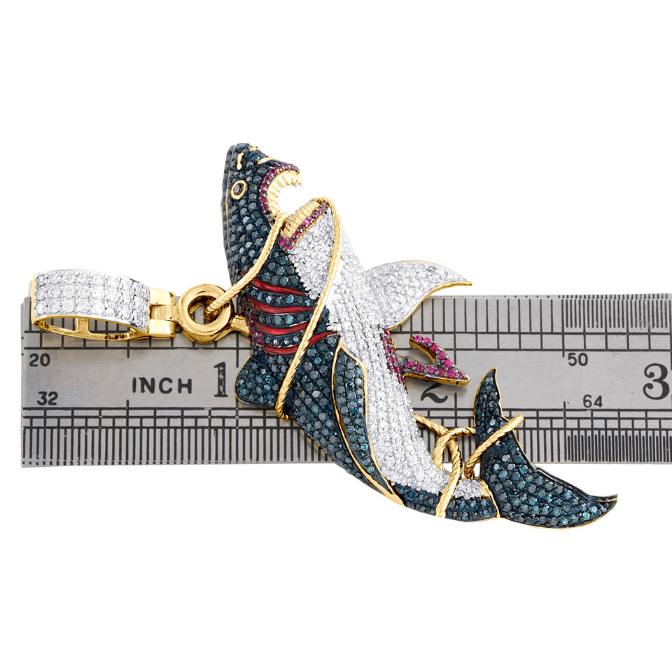 14K Yellow Gold Round Ruby & Diamond Shark Statement Pendant 2.75 ...
