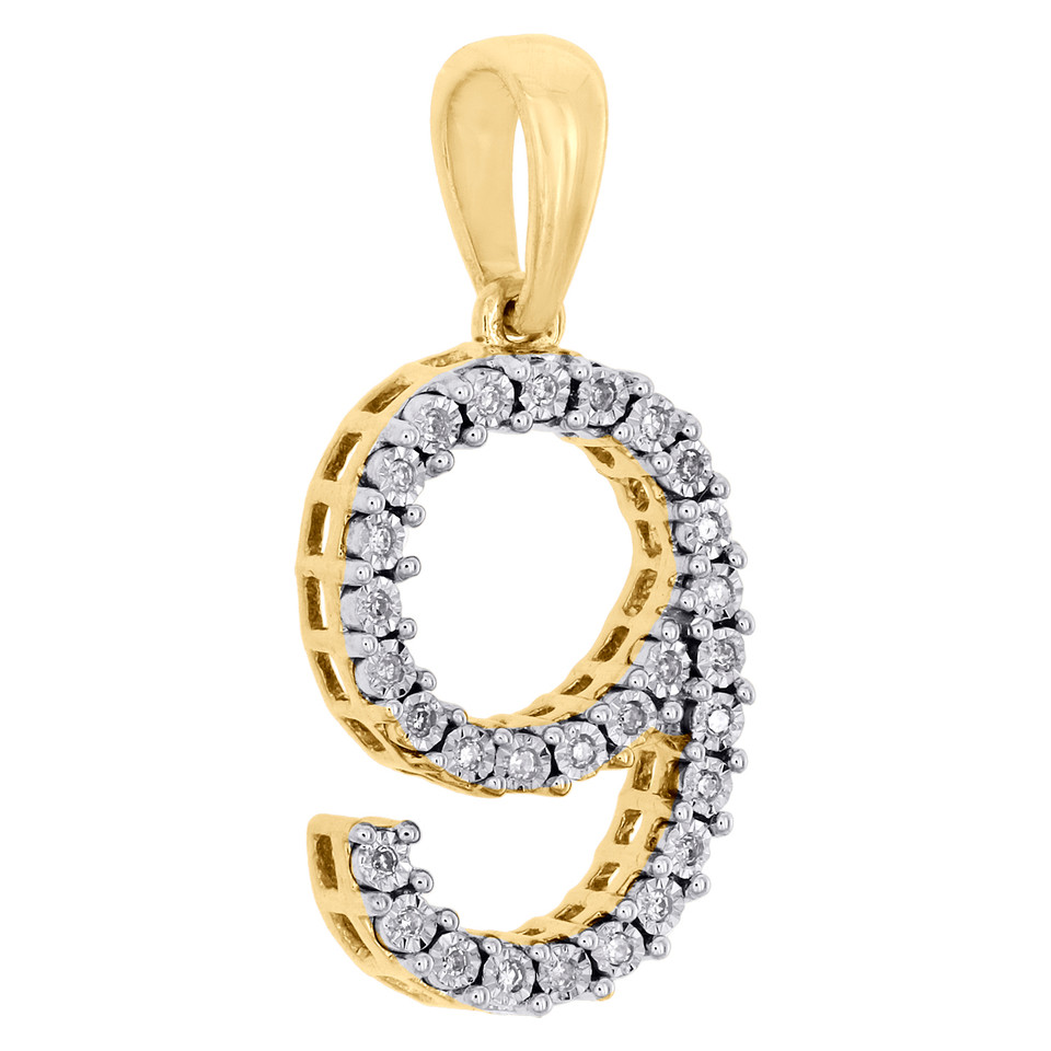 10K Yellow Gold Genuine Diamond Number # 9 NINE Pendant 1" Unisex Charm ...