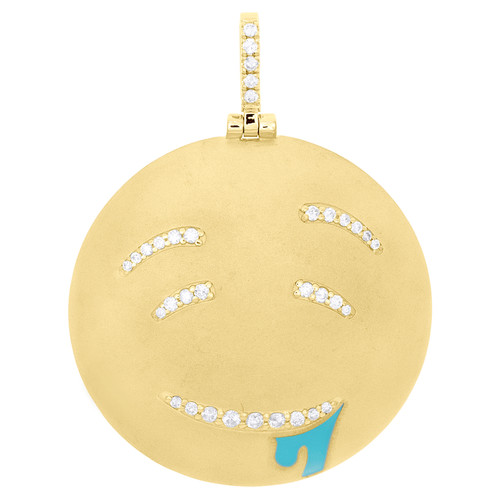 10K Yellow Gold Diamond Smiley Drooling Face Eomji Pendant 1.75" Charm ...