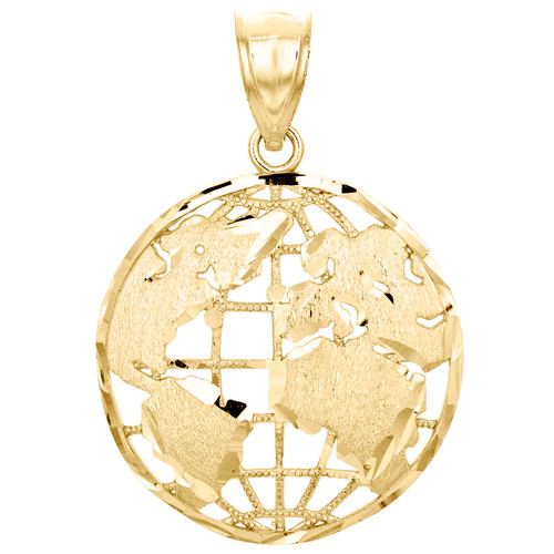 10K Yellow Gold World Map Globe Diamond Cut Pendant 1.30" Men's ...