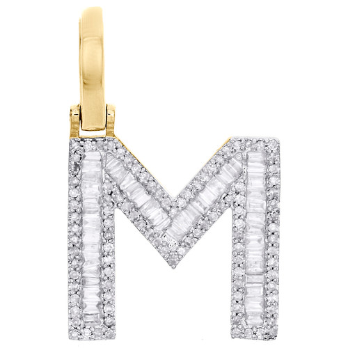 10K Yellow Gold Baguette Diamond Letter M Mini Pendant 1" Initial Charm ...